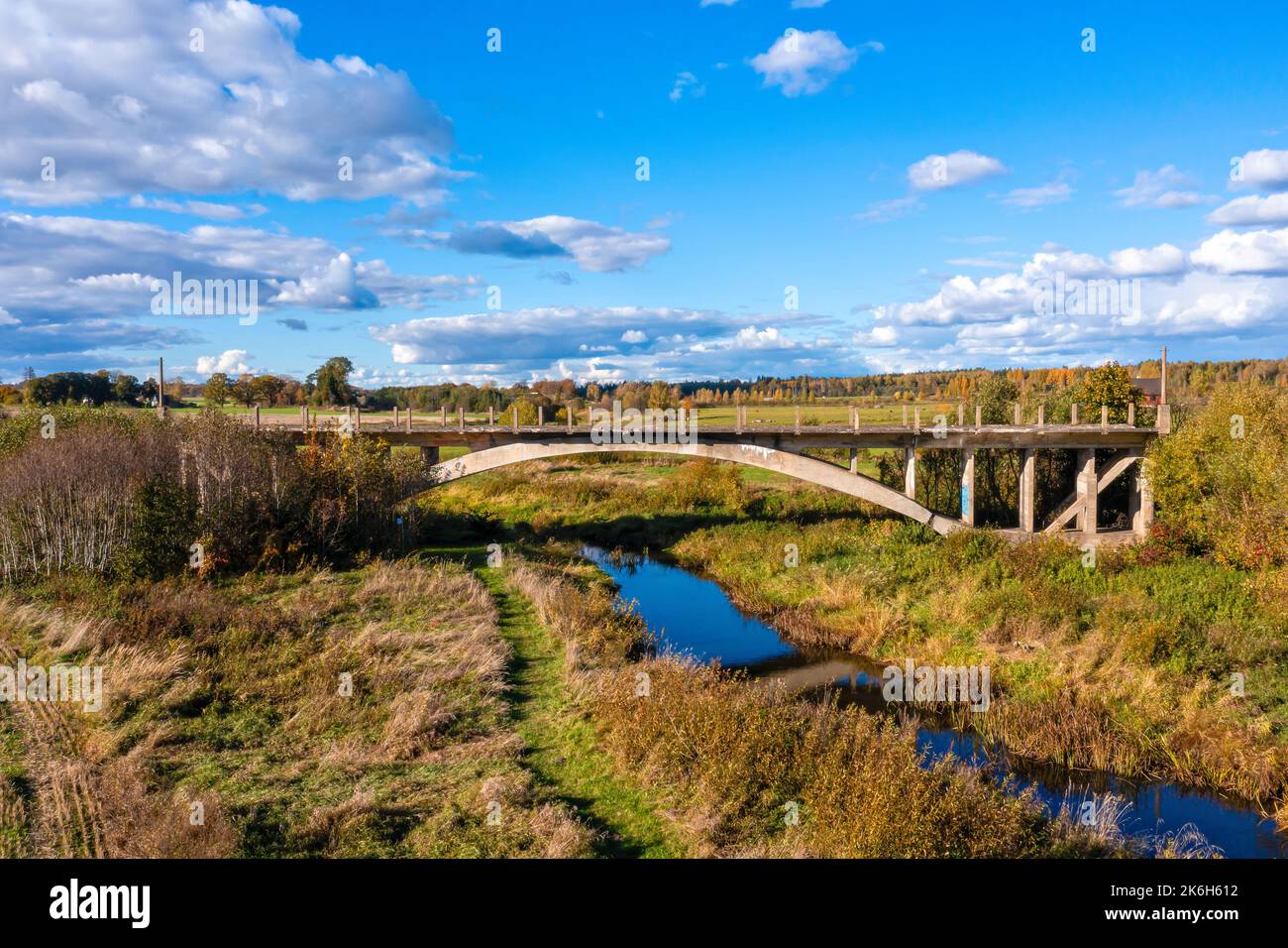 Aerial view of bridge to nowhere. Unfinished and abandoned railway ...