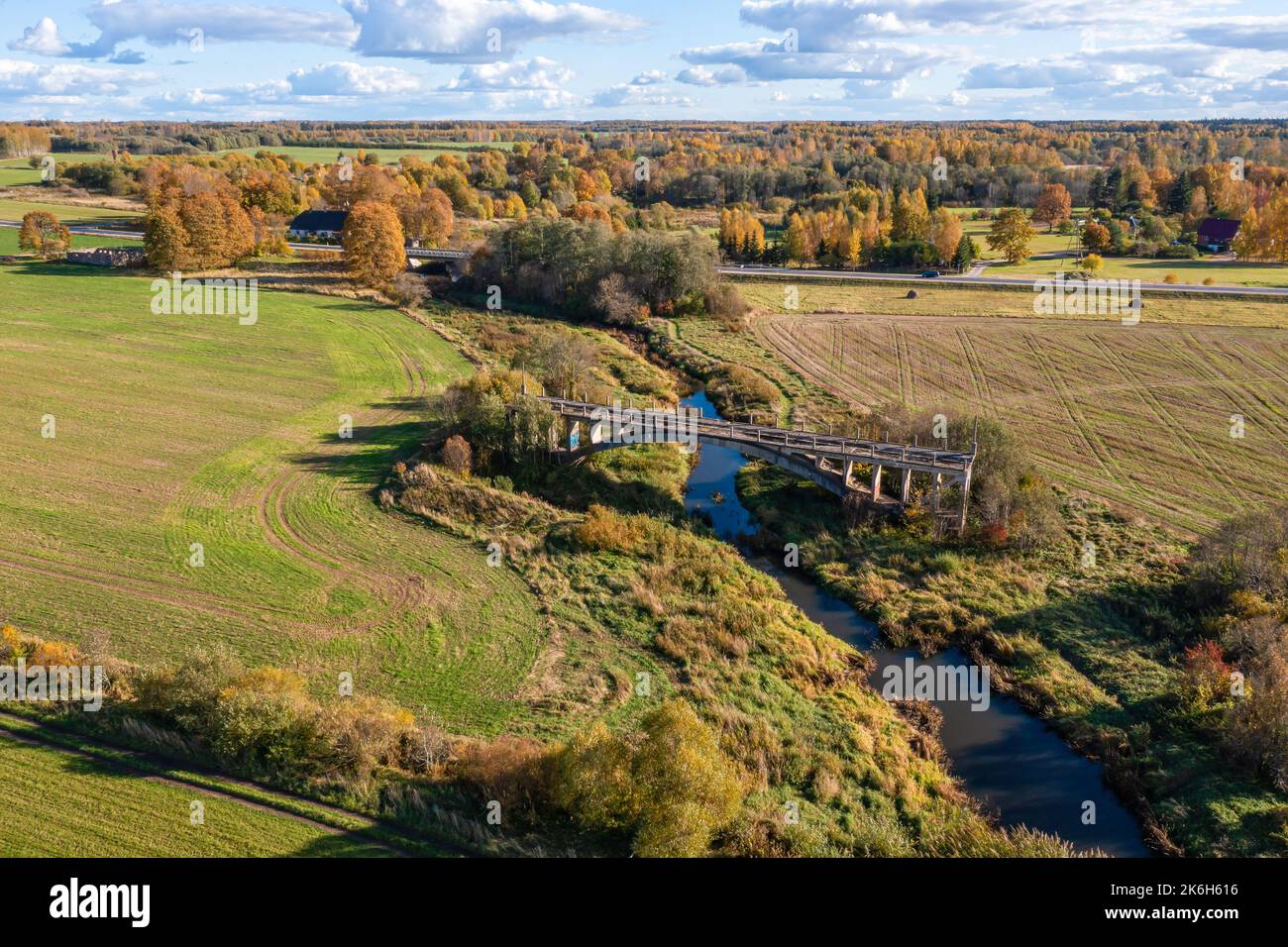 Aerial view of bridge to nowhere. Unfinished and abandoned railway ...