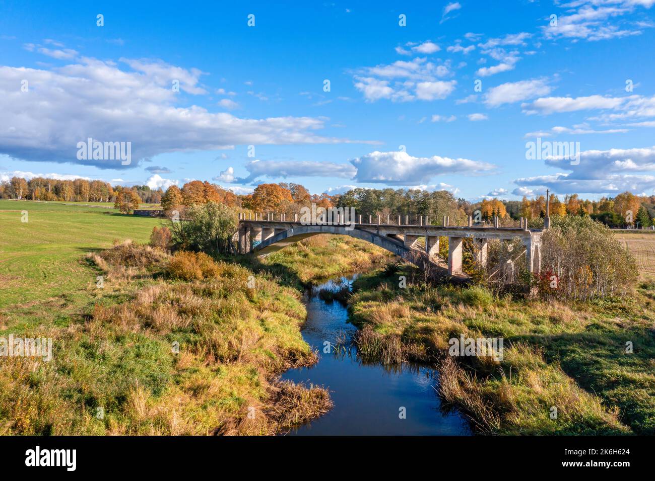 Aerial view of bridge to nowhere. Unfinished and abandoned railway ...