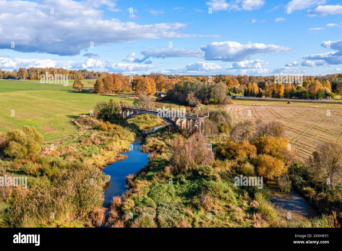 Aerial view of bridge to nowhere. Unfinished and abandoned railway ...