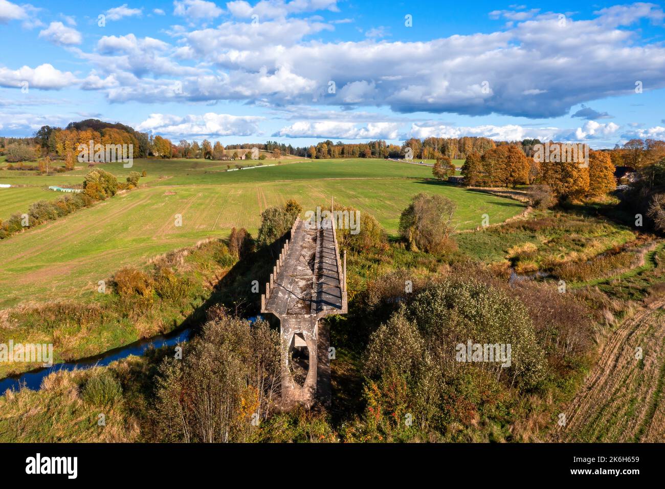 Aerial view of bridge to nowhere. Unfinished and abandoned railway ...