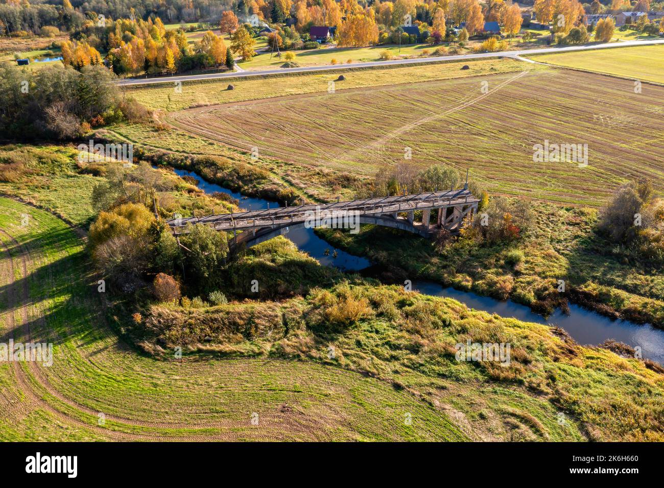 Aerial view of bridge to nowhere. Unfinished and abandoned railway ...