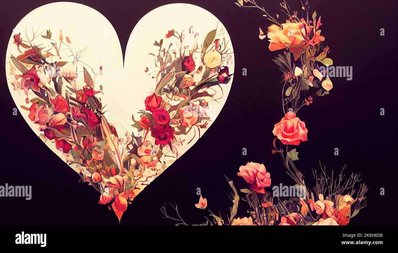 A watercolor drawing of a white heart with flowers on a dark background ...