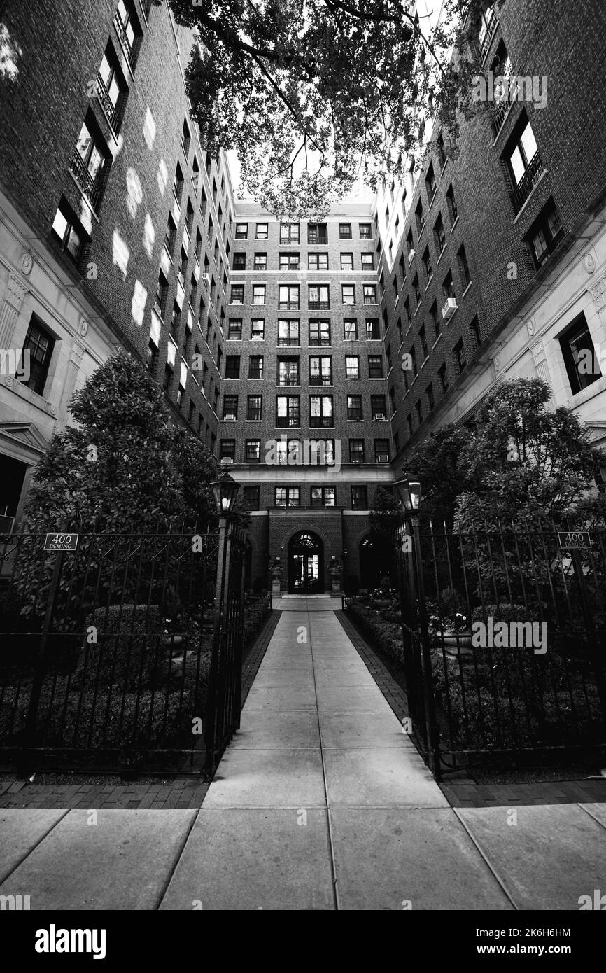 A grayscale vertical shot of a narrow pathway with a gate leading to ...