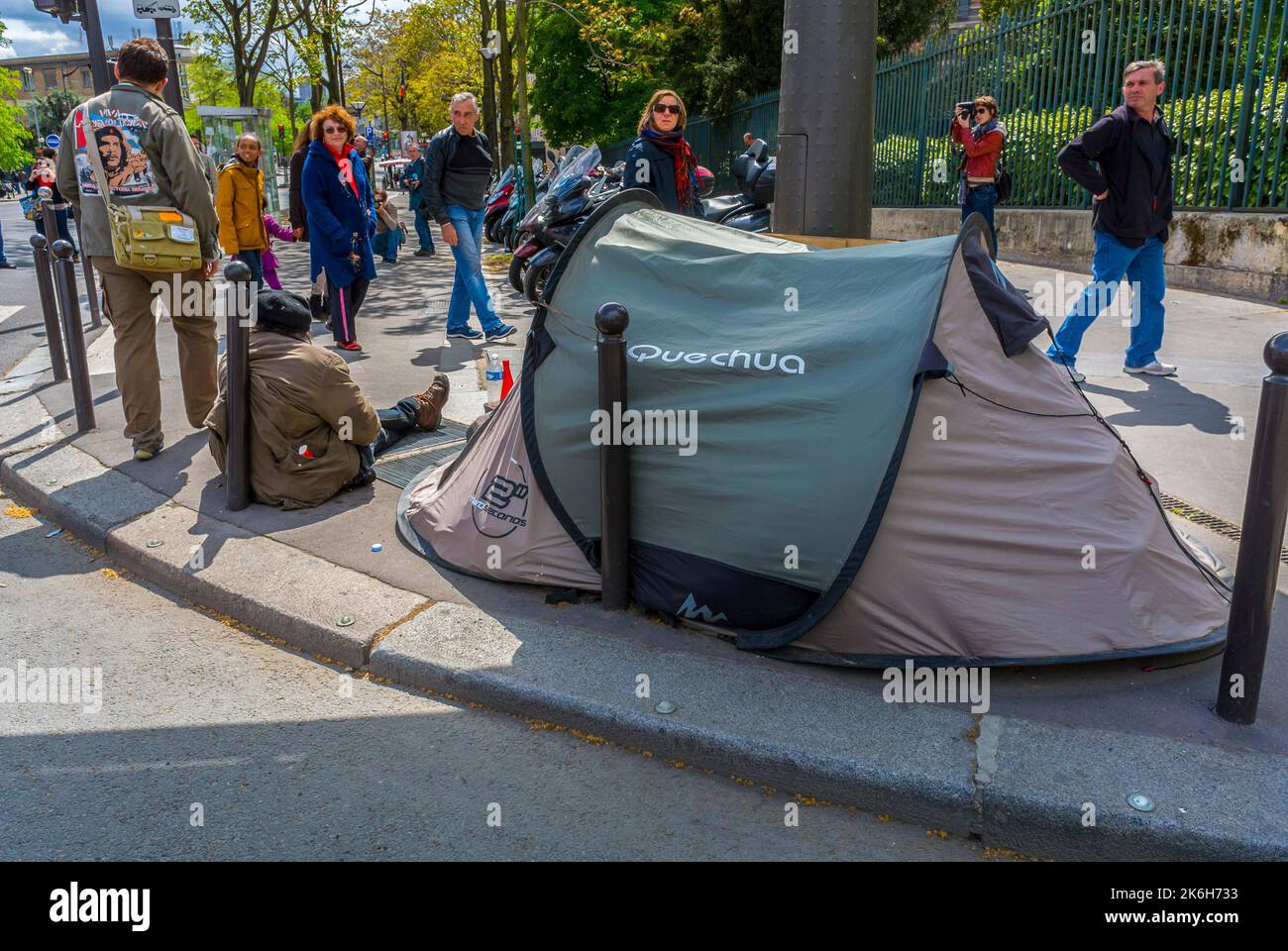 Paris, France, Homeless Man Living in Tent on Sidewalk, Crowd Walking ...