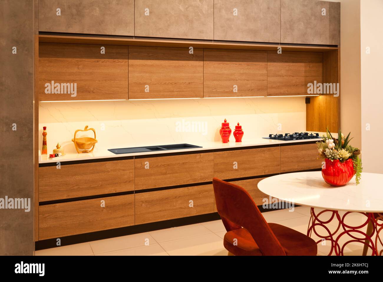 Modern brown wood oak kitchen cabinet equipment, stylish granite black ...