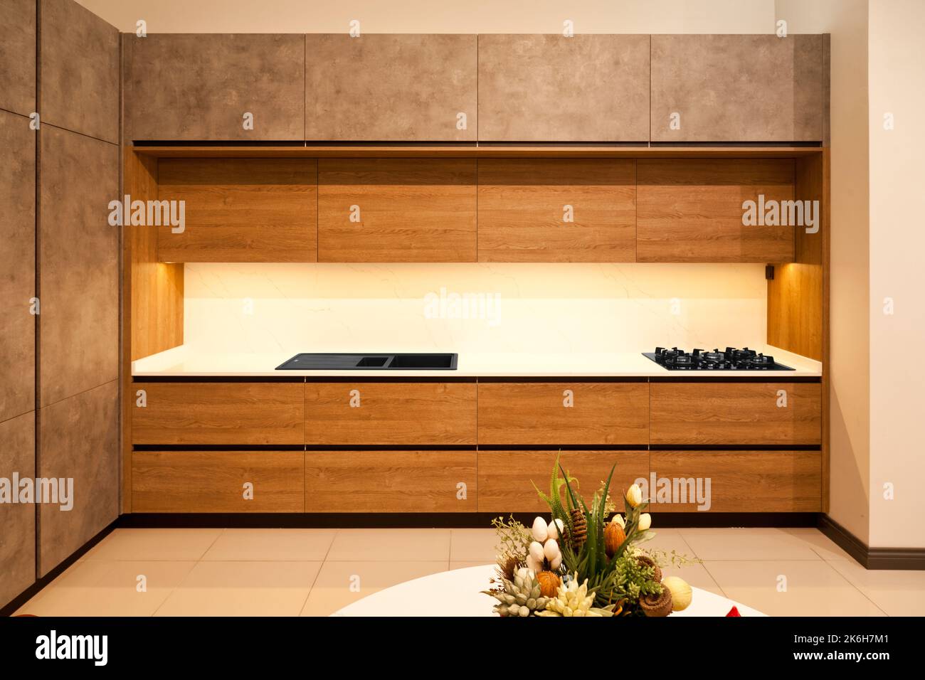 Modern brown wood oak kitchen cabinet equipment, stylish granite black ...