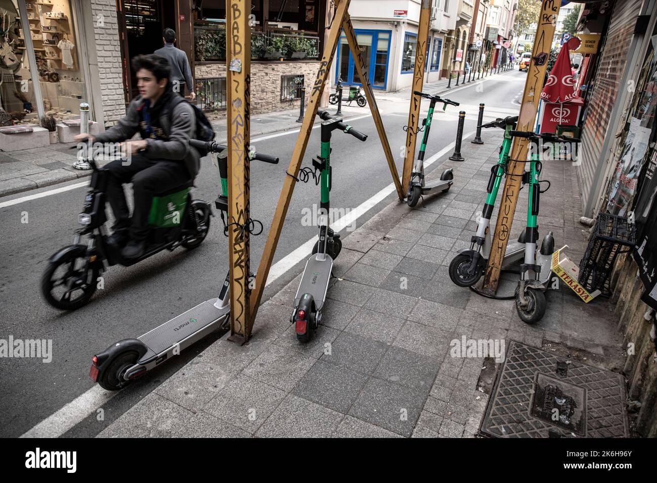 Istanbul, Turkey. 14th Oct, 2022. Scooters seen parked along the ...