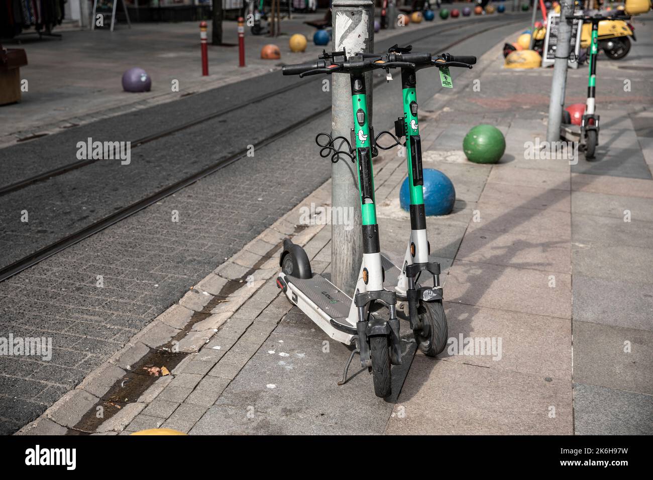Istanbul, Turkey. 14th Oct, 2022. Scooters seen parked along the ...