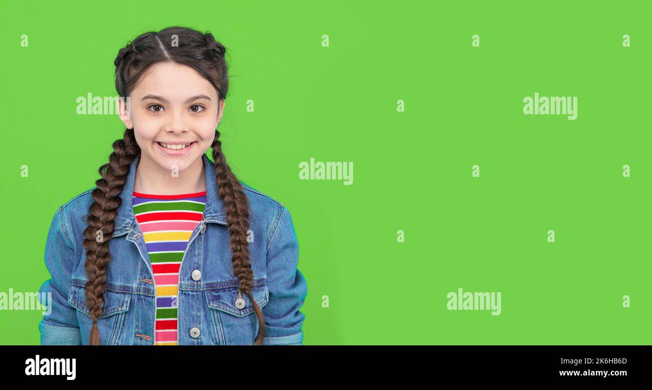 Have smile on your lips. Happy child smile green background. Little ...