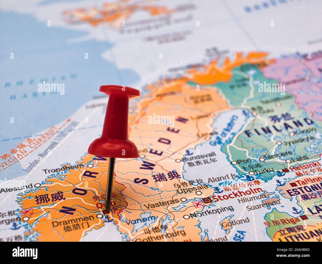 Map of Scandinavia with Norway capital, oslo is pinned. Closeup view ...