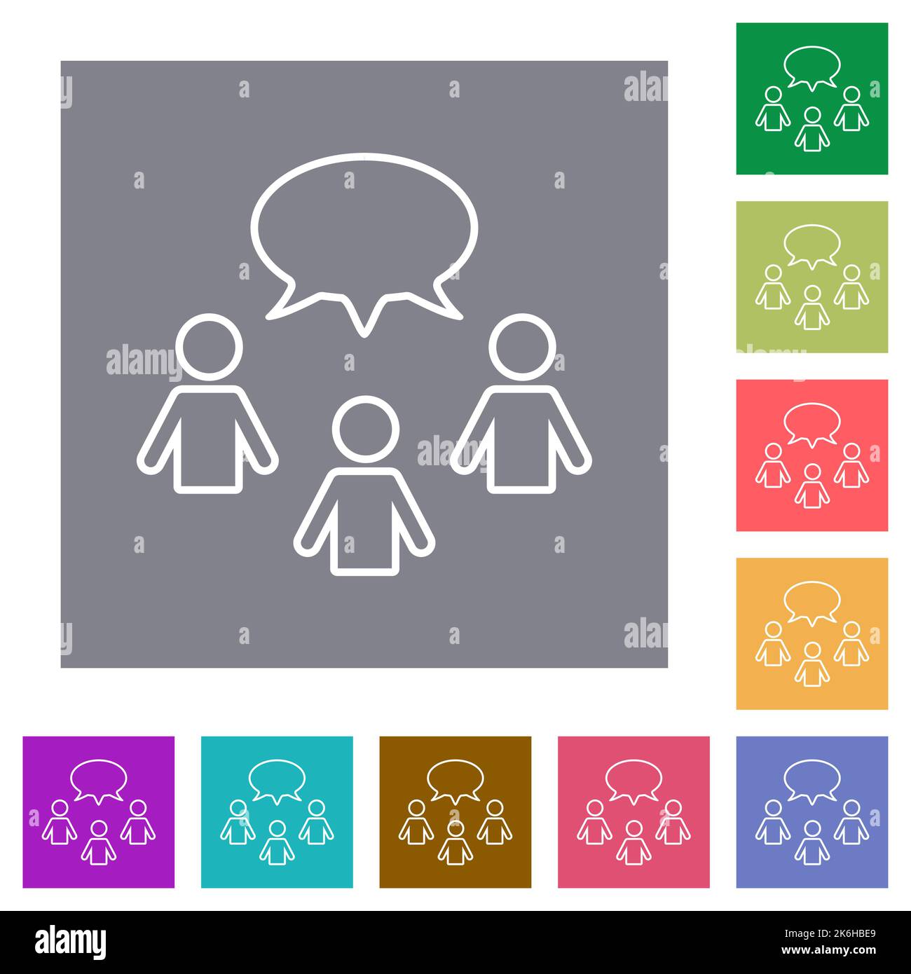 Three talking persons with oval bubble outline flat icons on simple ...