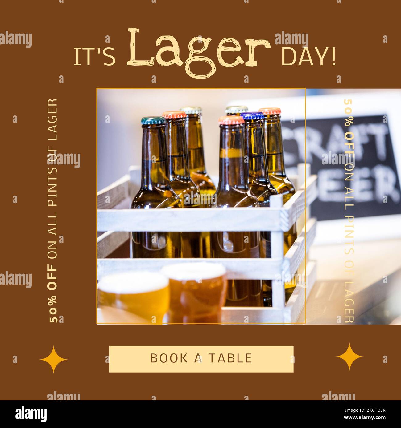 Composition of lager day text over bottles of beer Stock Photo - Alamy