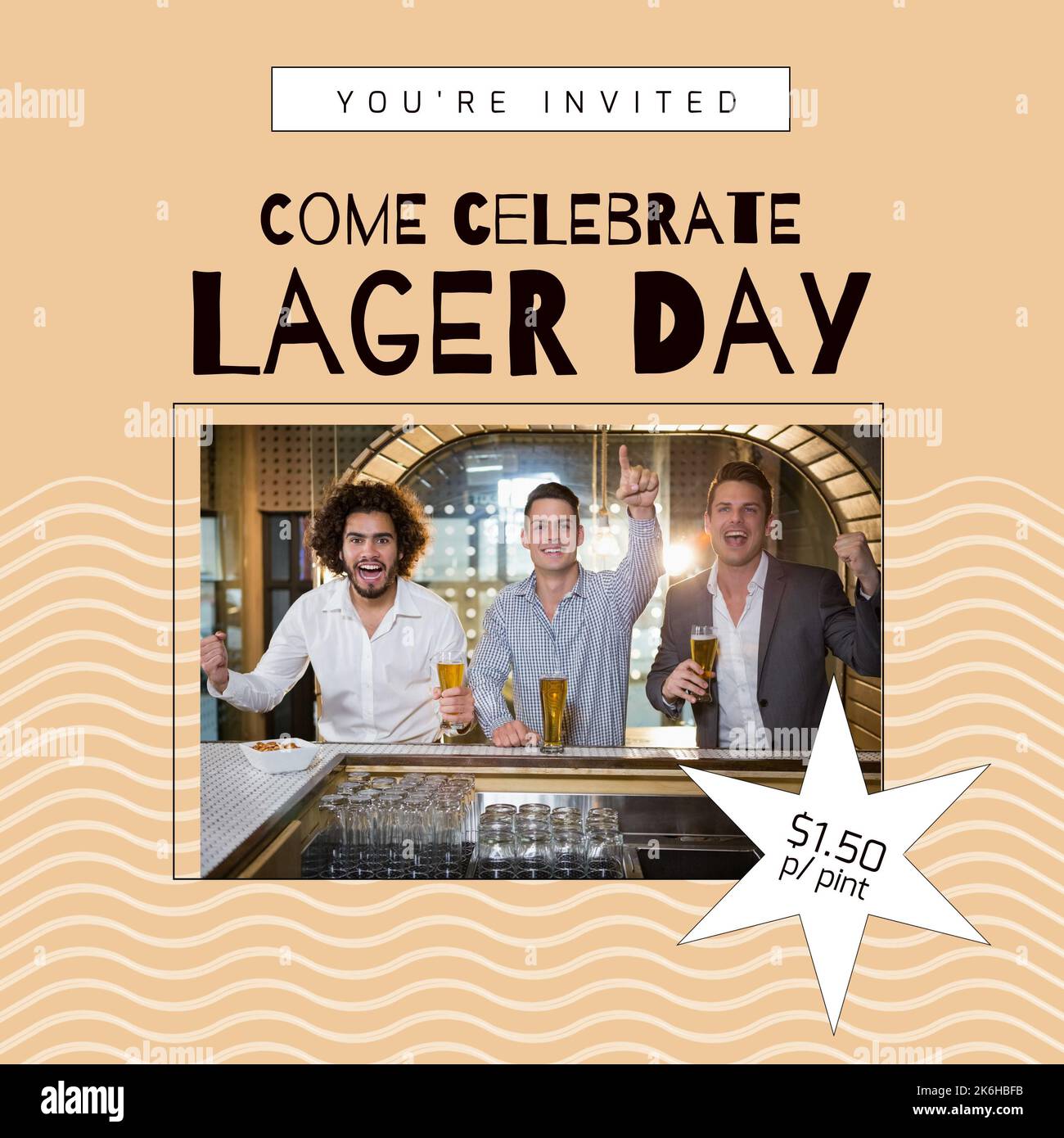Composition of lager day text over diverse friends with beer Stock ...