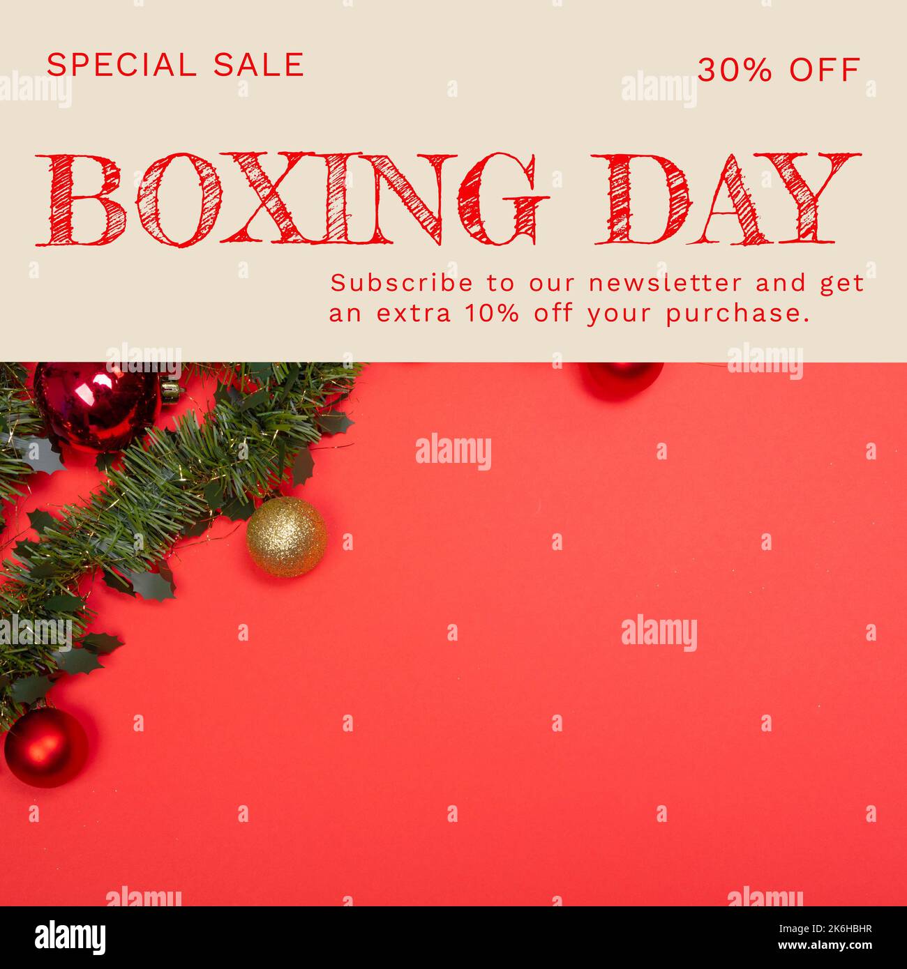 Composition of boxing day sales text over christmas decorations on red ...