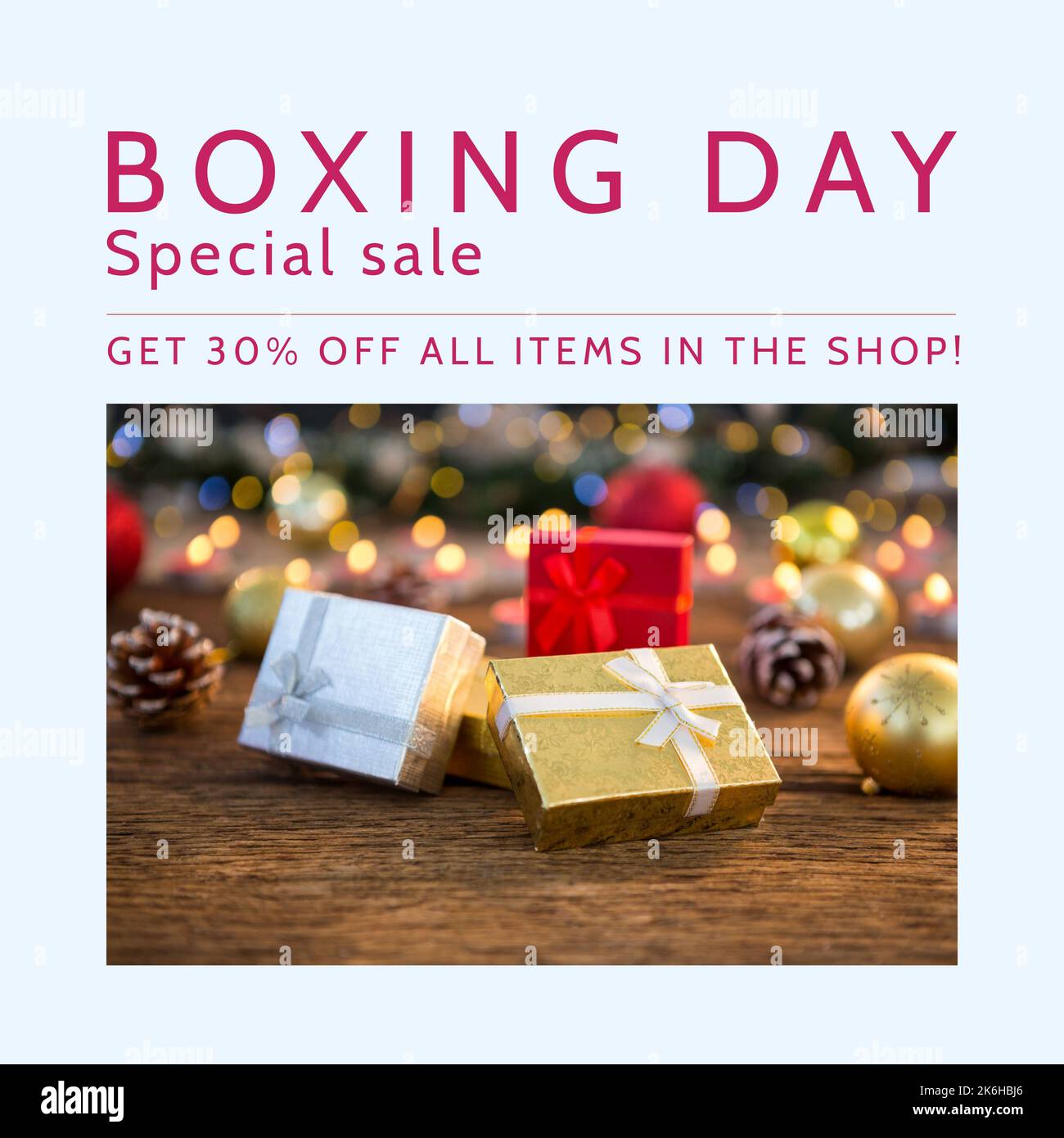 Composition of boxing day sales text over christmas presents and ...