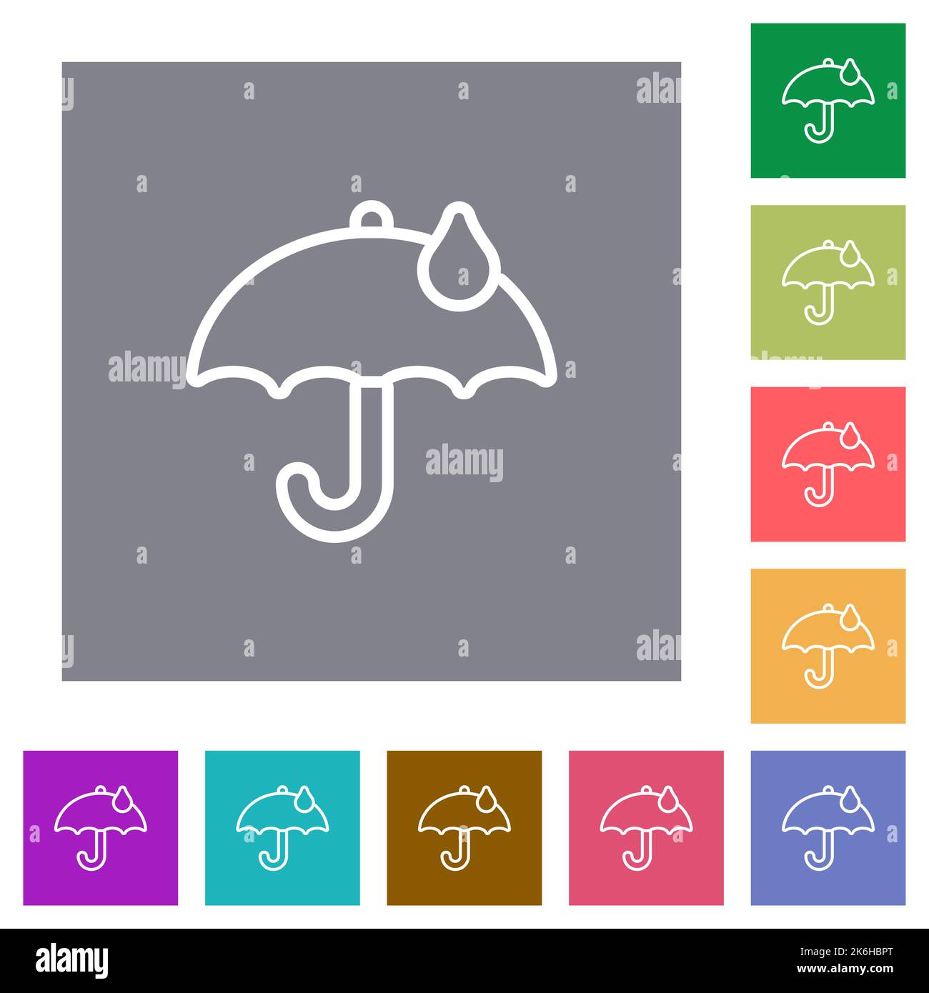 Umbrella with single raindrop outline flat icons on simple color square ...