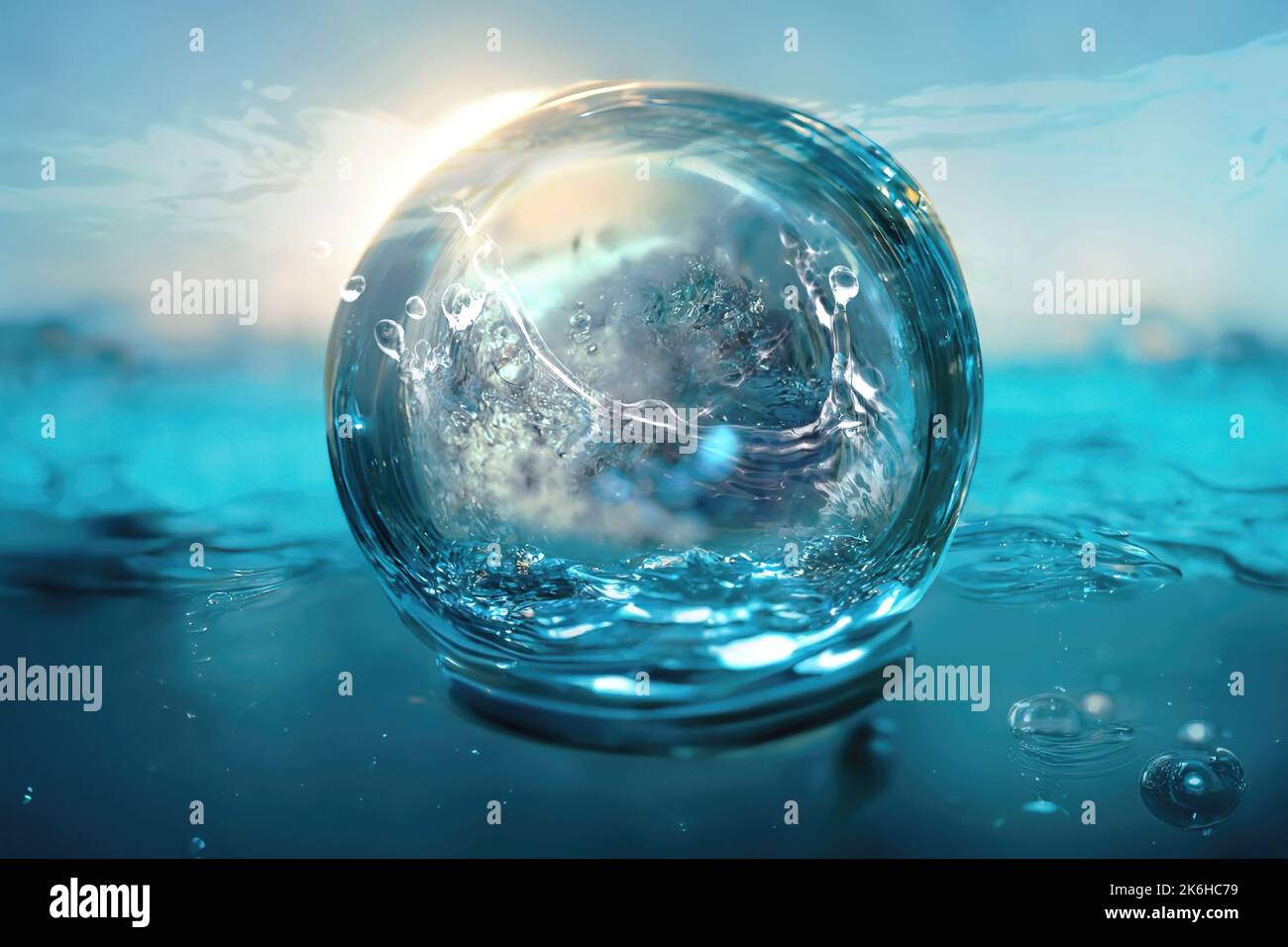 a drop on the surface of the water with glare from the sun and splashes ...