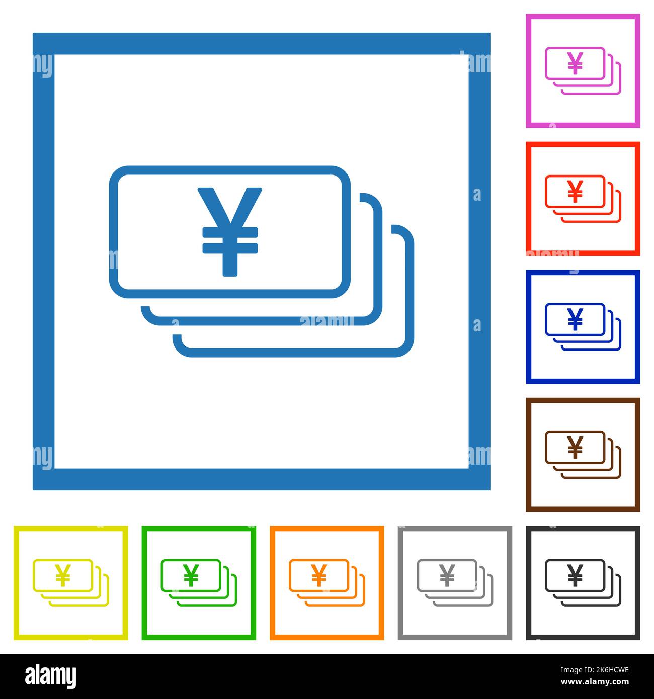 Japanese Yen banknotes outline flat color icons in square frames on ...