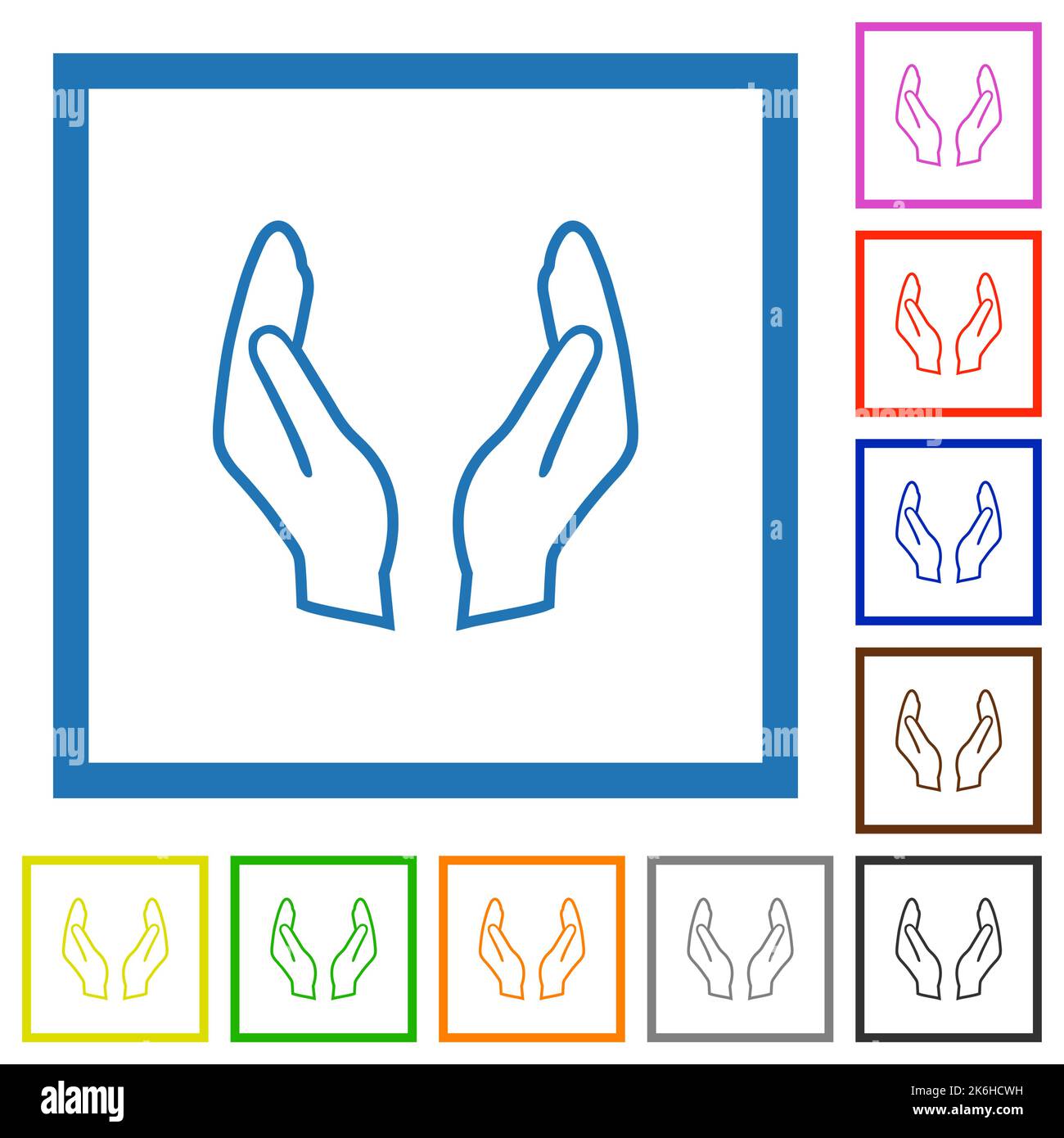 Empty protecting hands outline flat color icons in square frames on ...