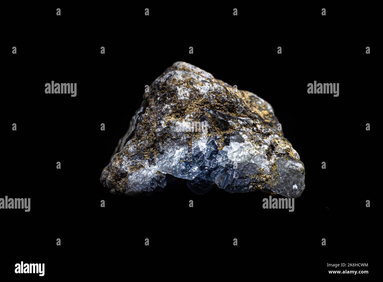 Real light blue celestine crystal cluster isolated on black background ...