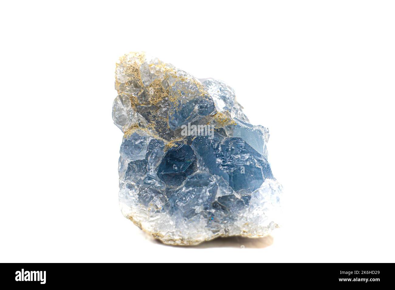 Real light blue celestine crystal cluster isolated on white background ...