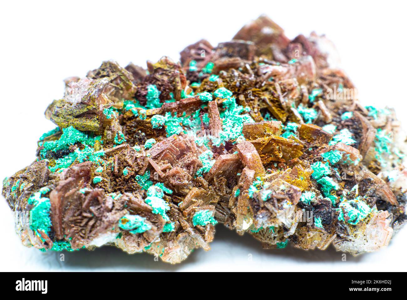 Real brown albite crystal cluster with small light green malachite ...