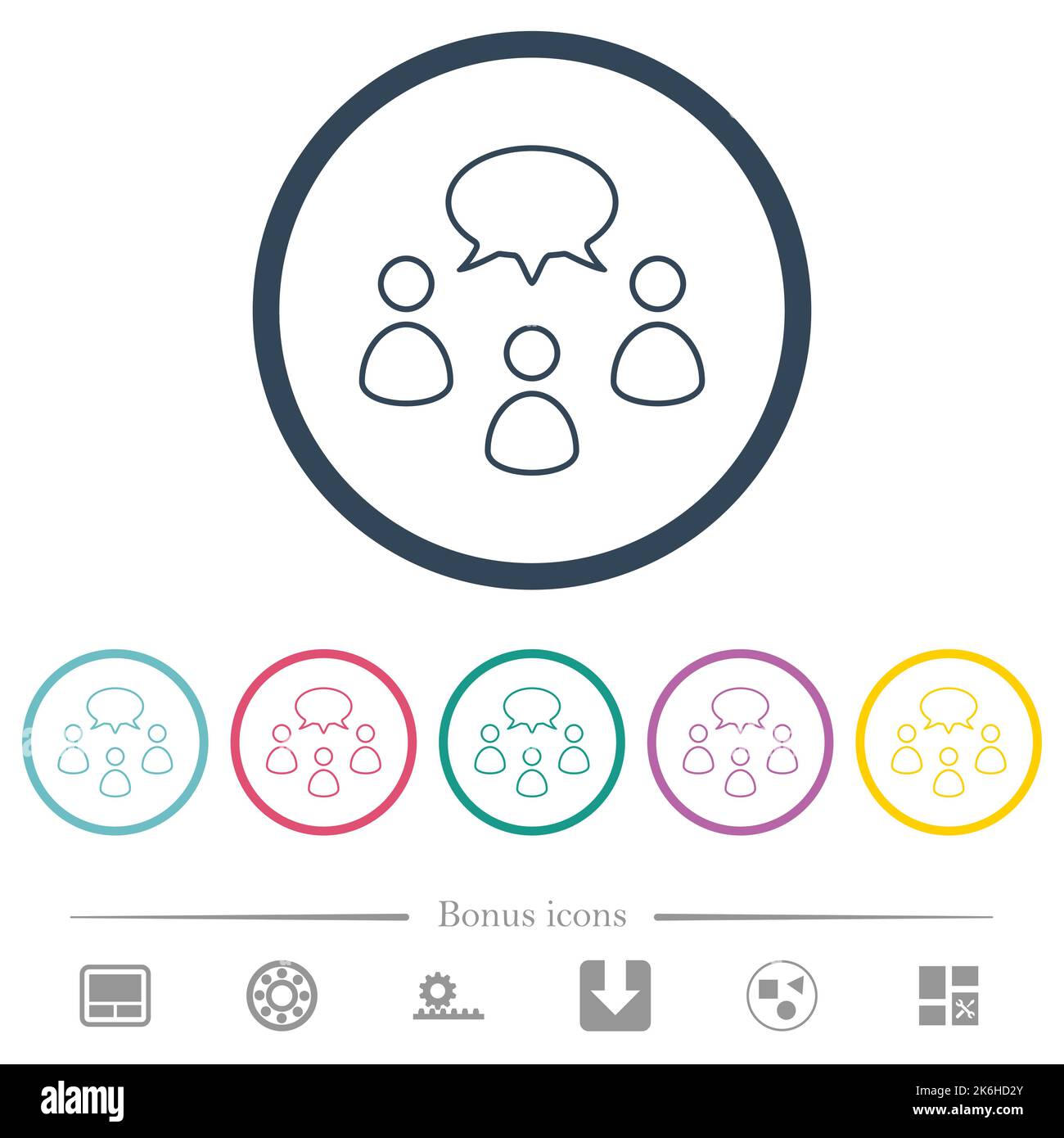 Three talking persons with oval bubble outline flat color icons in ...