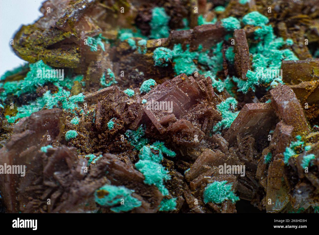 Real brown albite crystal cluster with small light green malachite ...