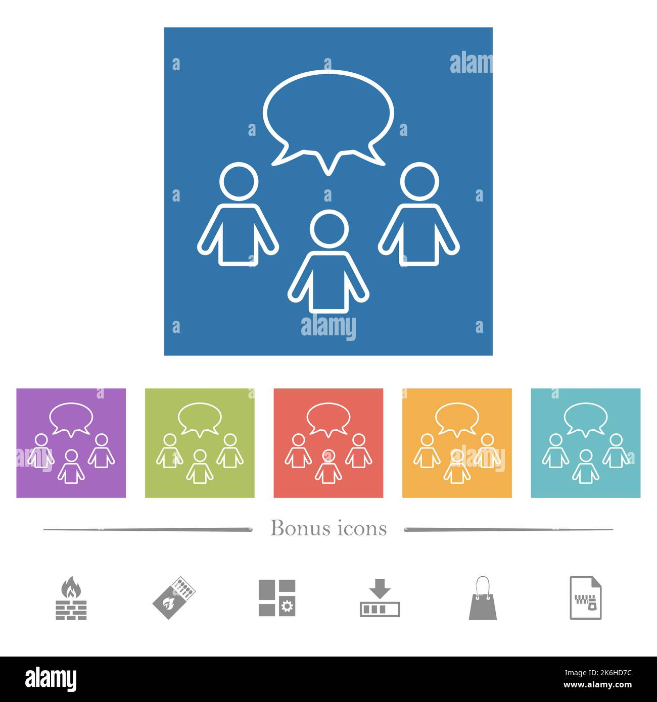 Three talking persons with oval bubble outline flat white icons in ...