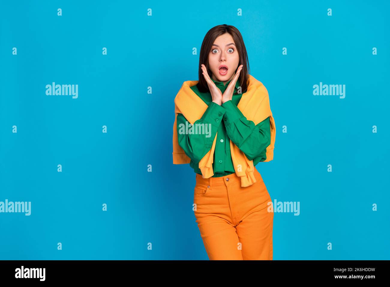 Photo of worried lady wear stylish autumn outfit arm cheeks impressed ...