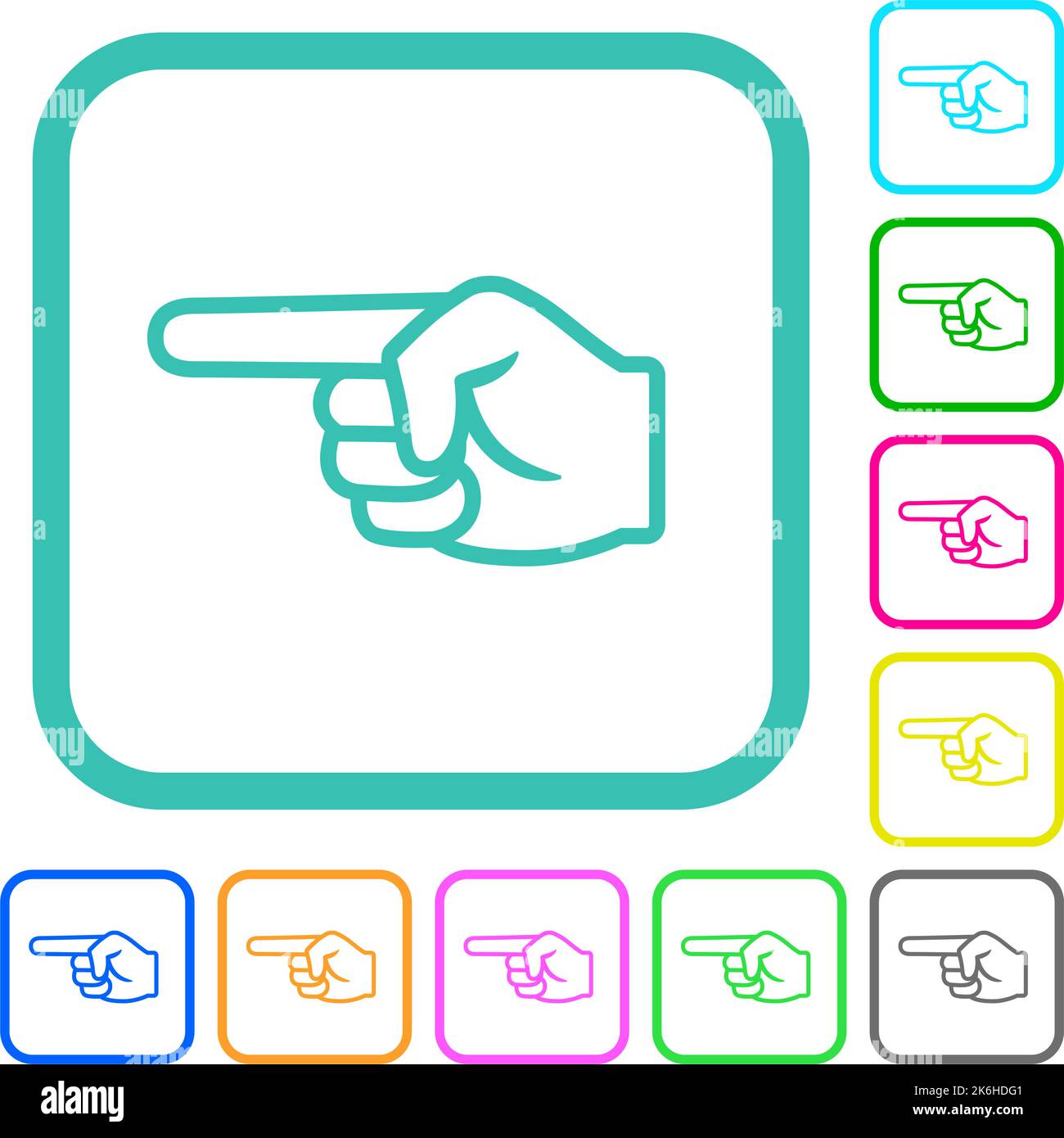 Left pointing hand outline vivid colored flat icons in curved borders ...