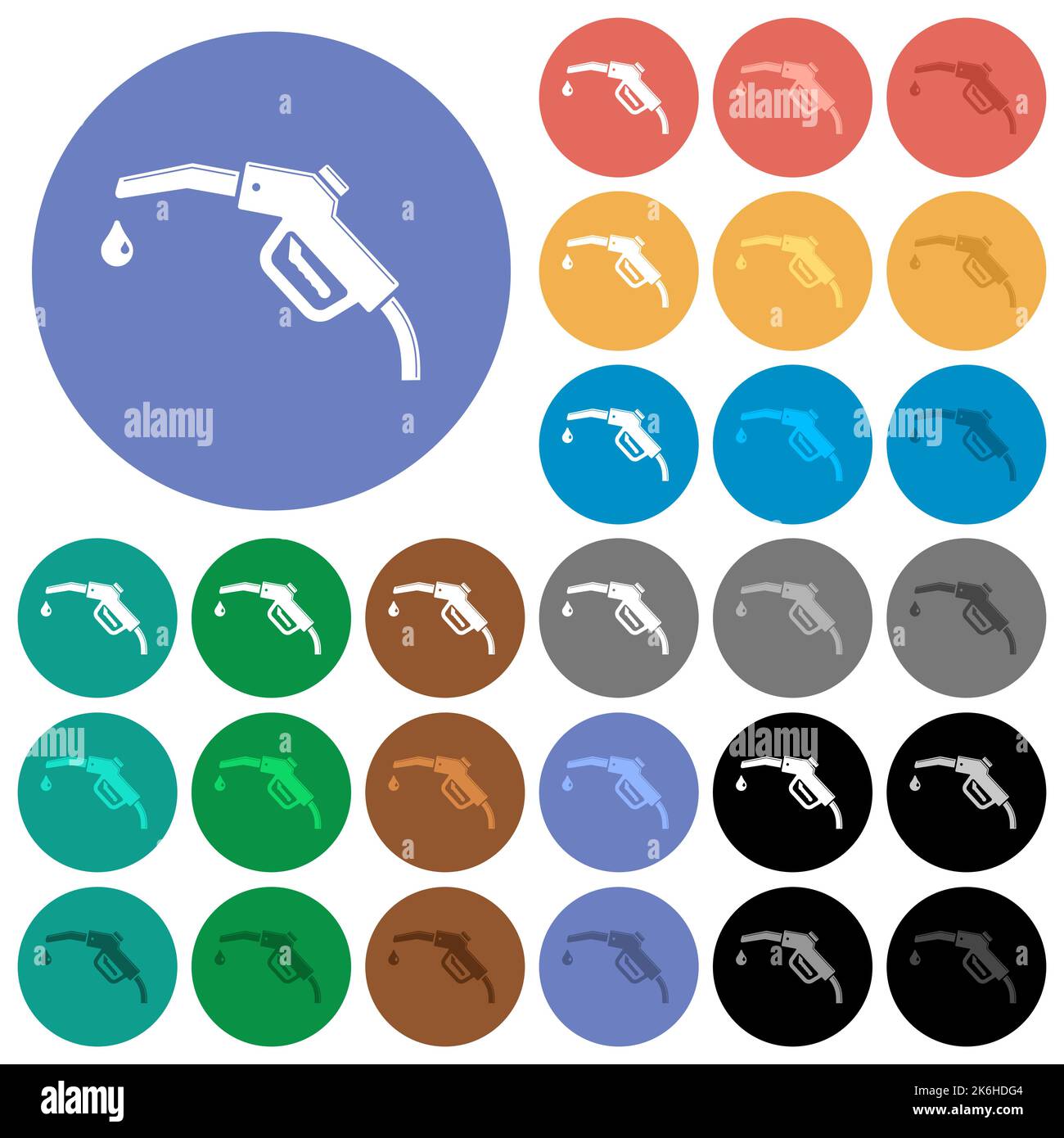 Glossy gasoline pump fuel nozzle multi colored flat icons on round ...