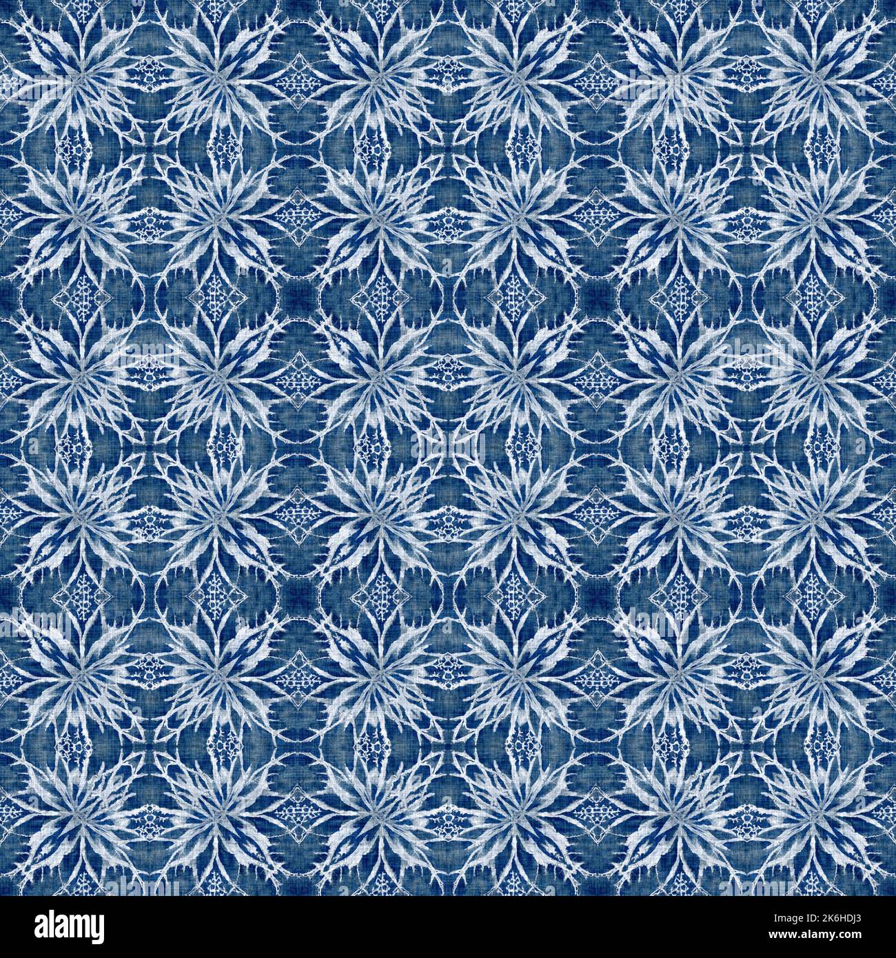 Indigo blue snow flake damask pattern background. Frosty painterly ...