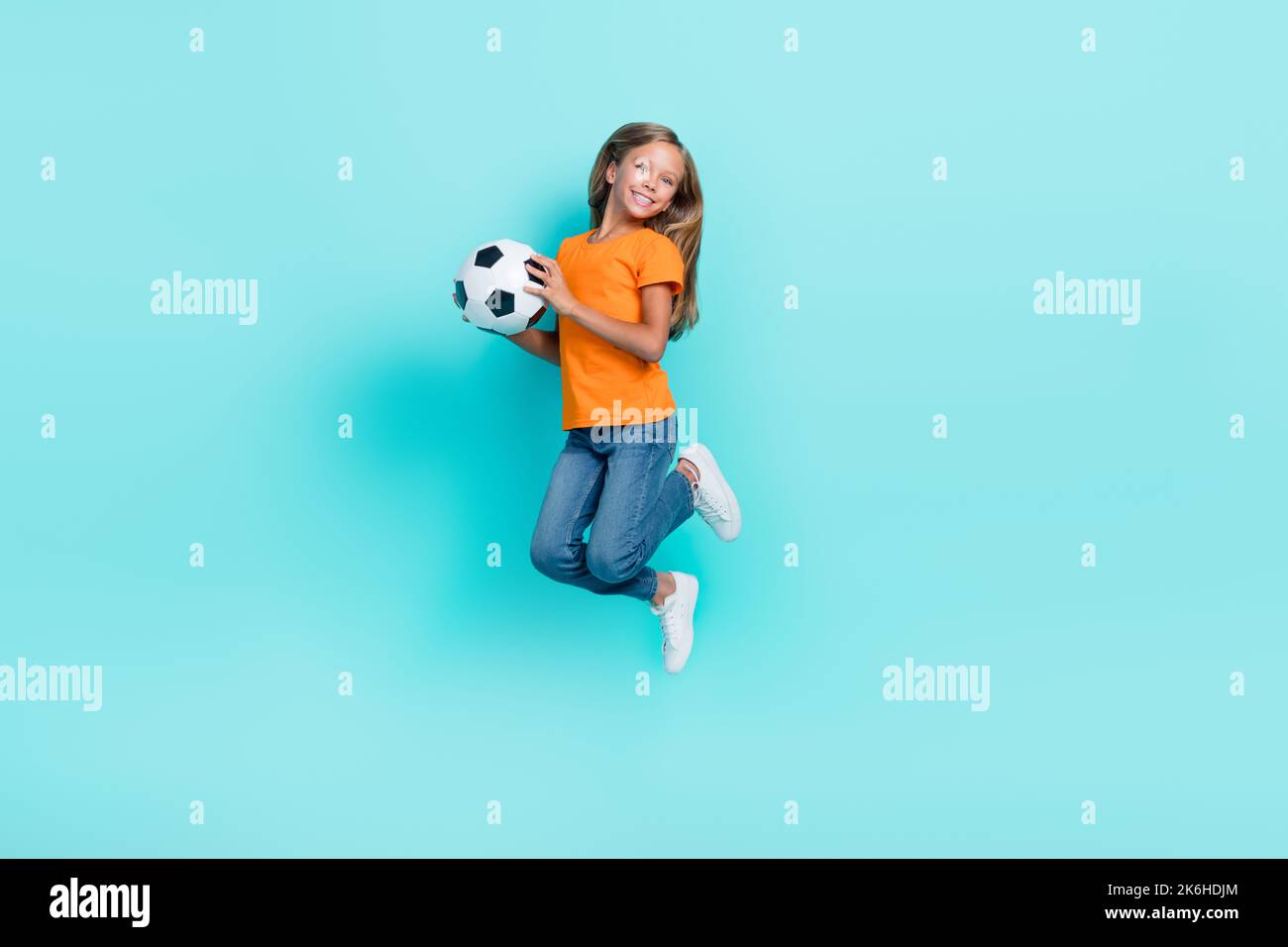 Full Body Size Photo Of Cute Preteen Schoolgirl Wear Sportswear Orange