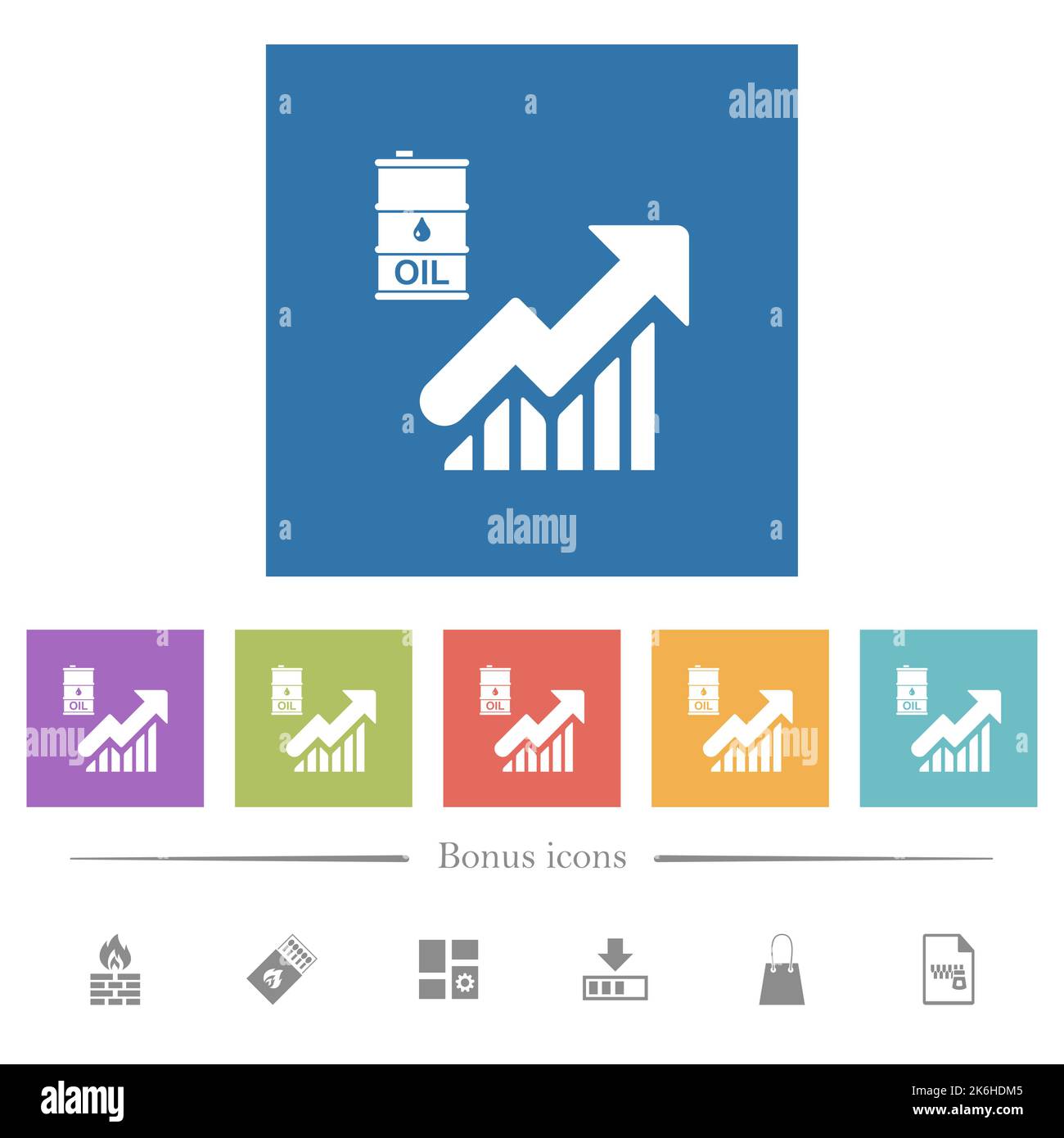 Oil trade graph flat white icons in square backgrounds. 6 bonus icons ...