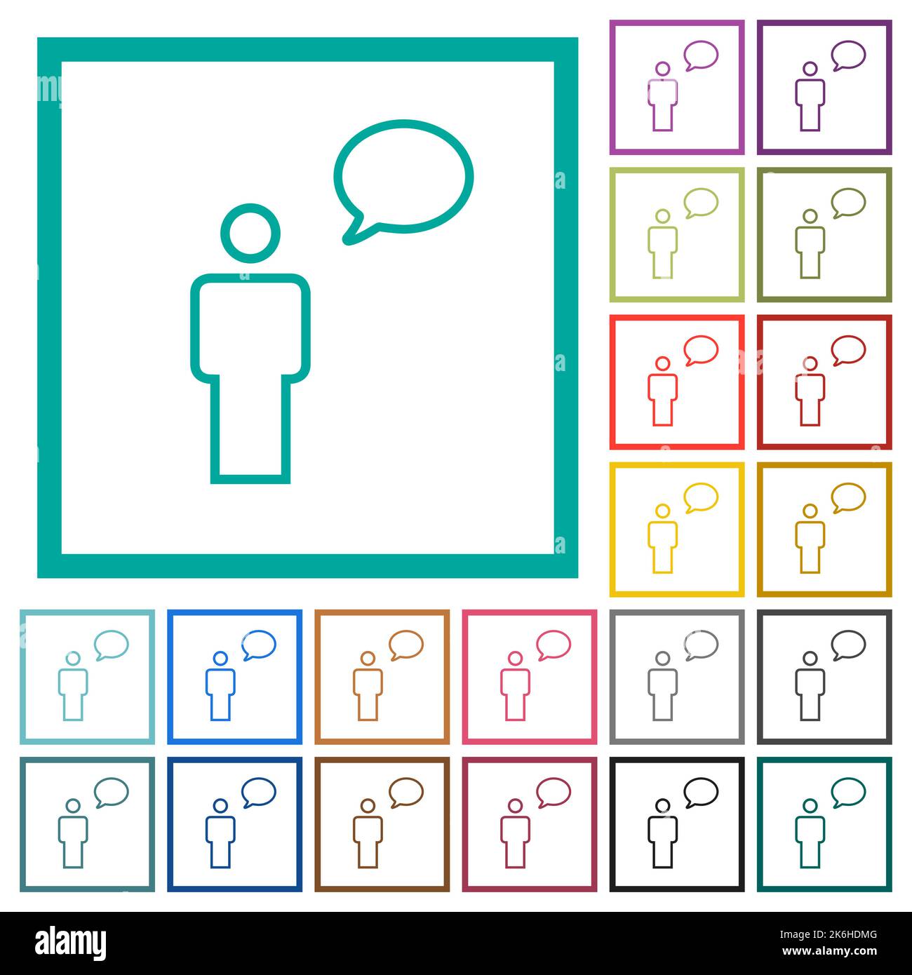 One talking person with oval bubble outline flat color icons with ...