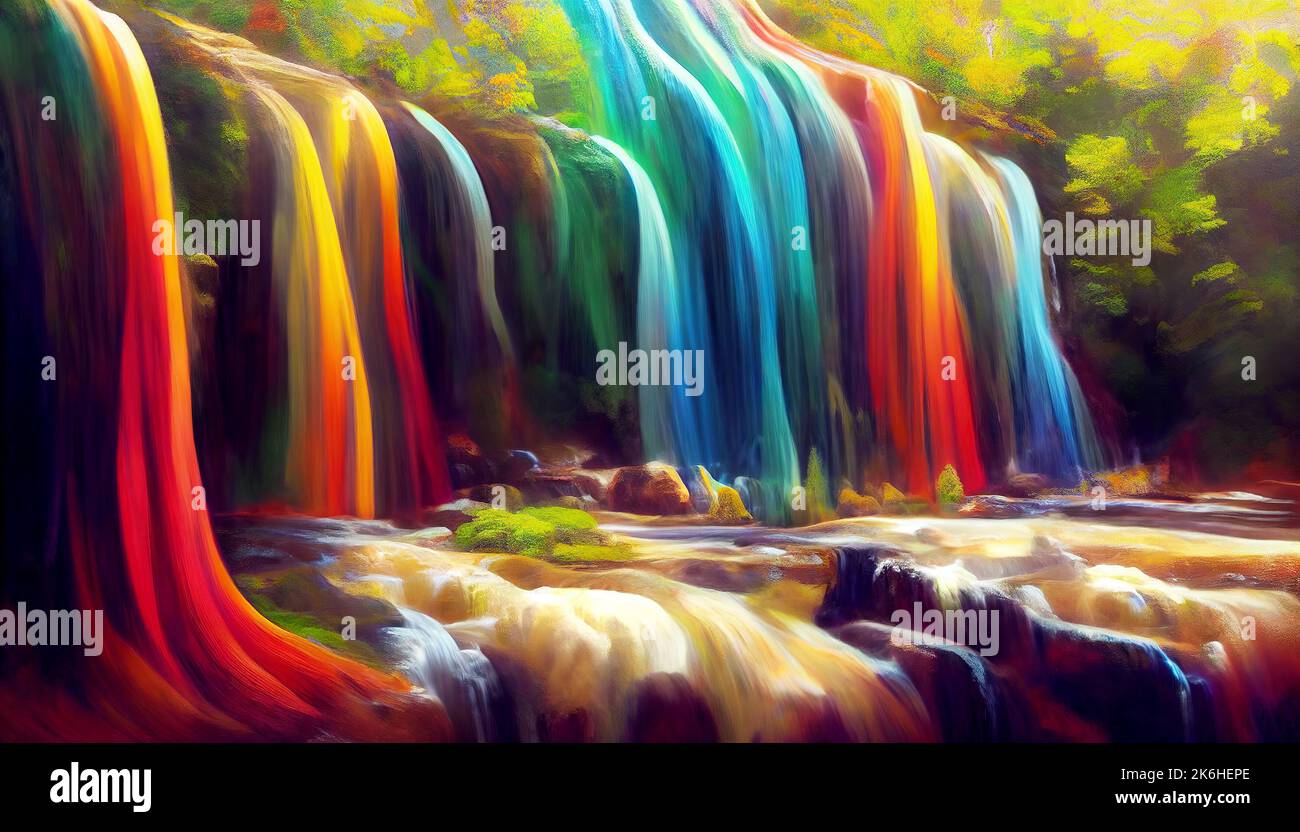 Colorful waterfall river flow in forest. Digital illustration Stock ...