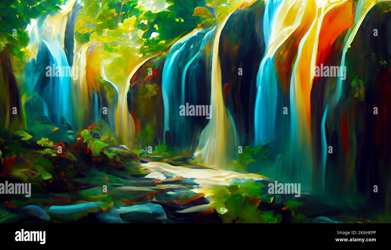 Magical waterfall stream in forest. Picture effect. Digital ...