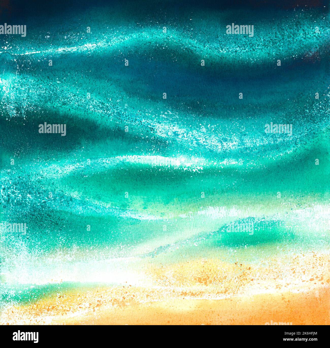 Seashore, ocean with sand and azure waves, top view. Watercolor ...