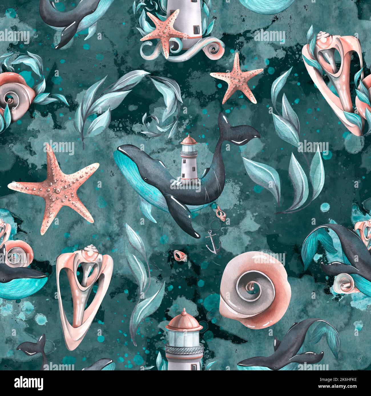 Whales, lighthouse, shells, anchors, seaweed and starfish on the ...