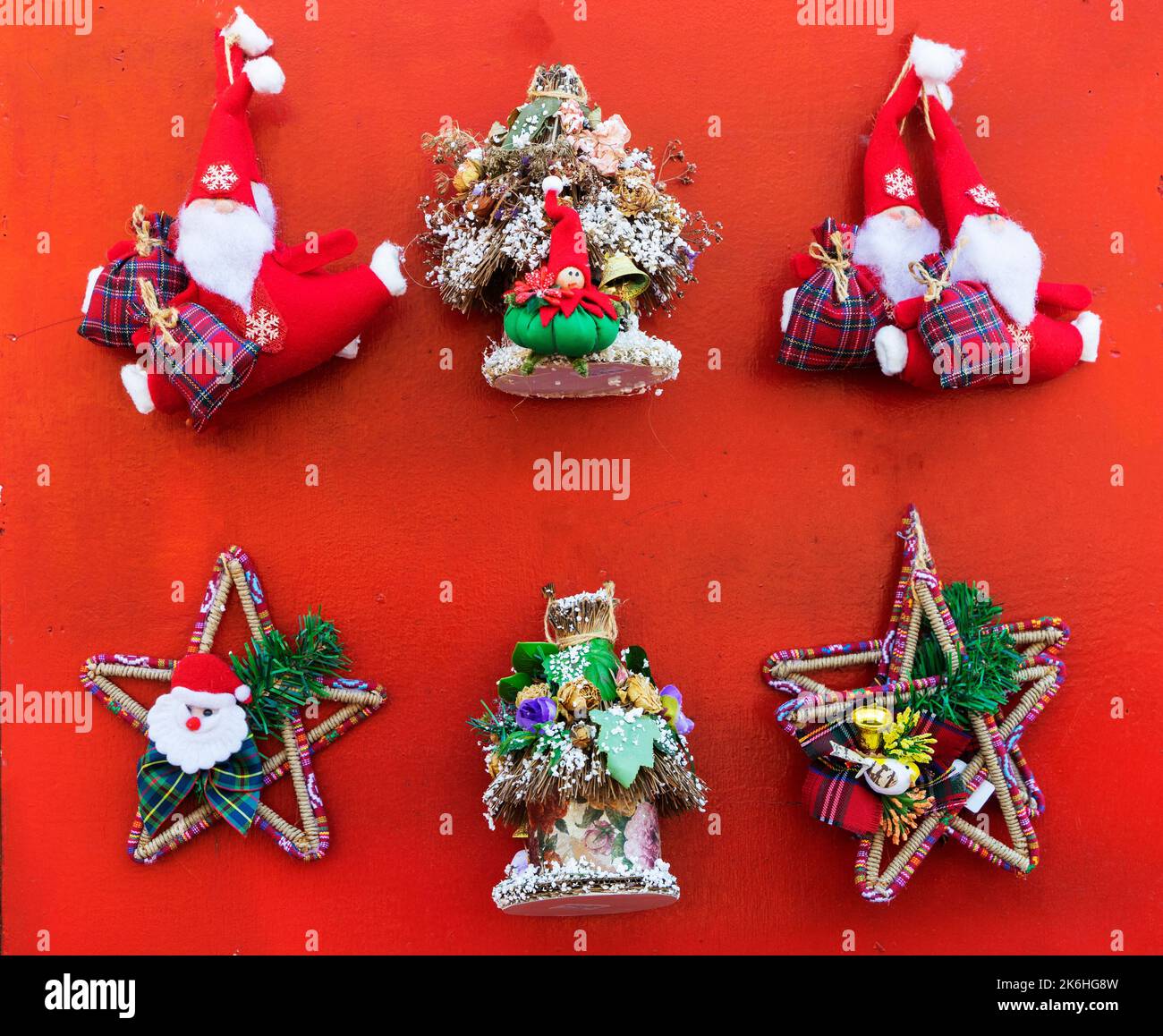 Christmas composition. Christmas red decorations, fir tree branches on ...