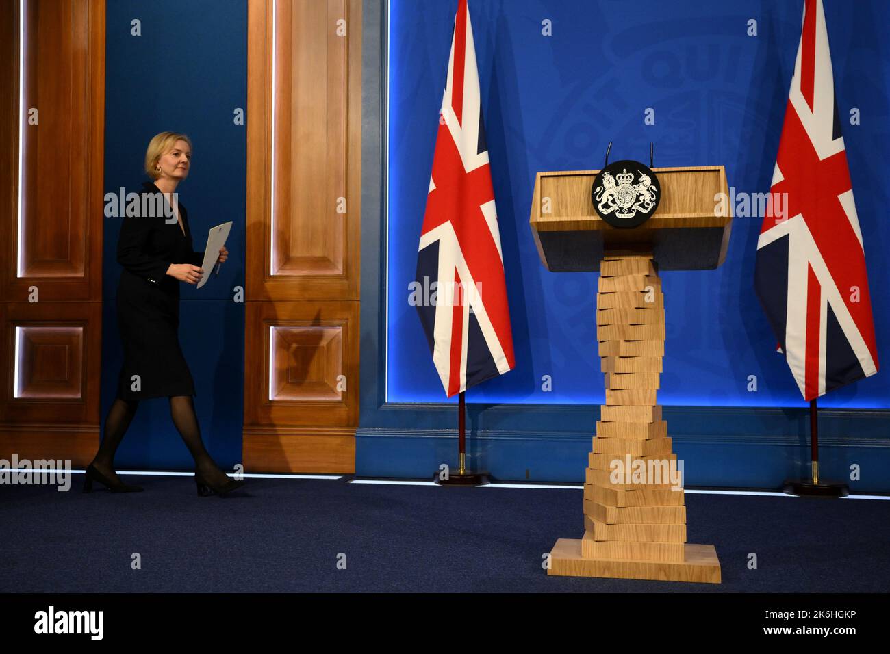 Prime Minister Liz Truss arrives for a press conference in the briefing ...