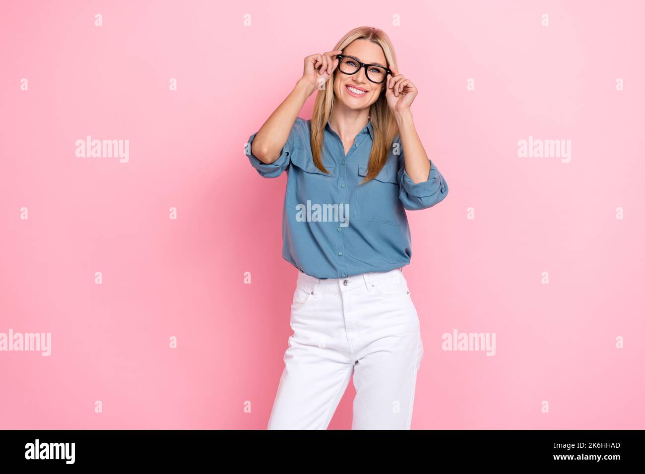 Photo of young adorable gorgeous lady wear stylish eyeglasses good ...