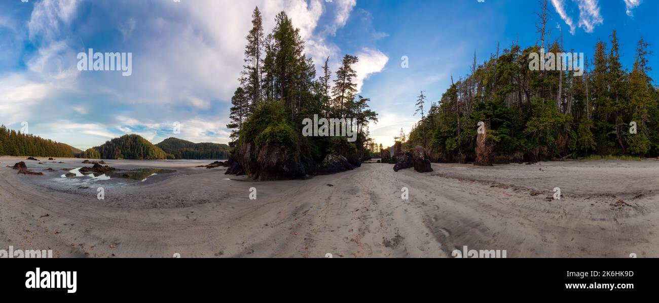 Sandy beach on Pacific Ocean Coast Panoramic View. Sunset Sky. San ...