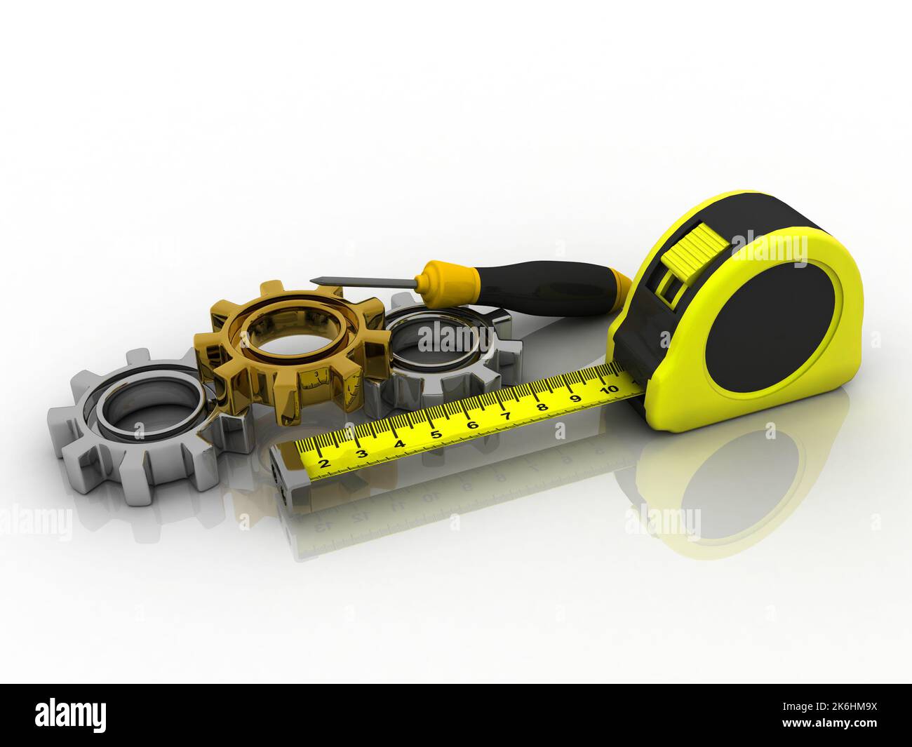 3d illustration hardware tools of Tape measure with gear wheel and ...