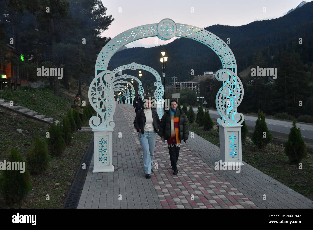 Karachay-Cherkess Republic. Arkhyz. An arch in the tourist village the ...