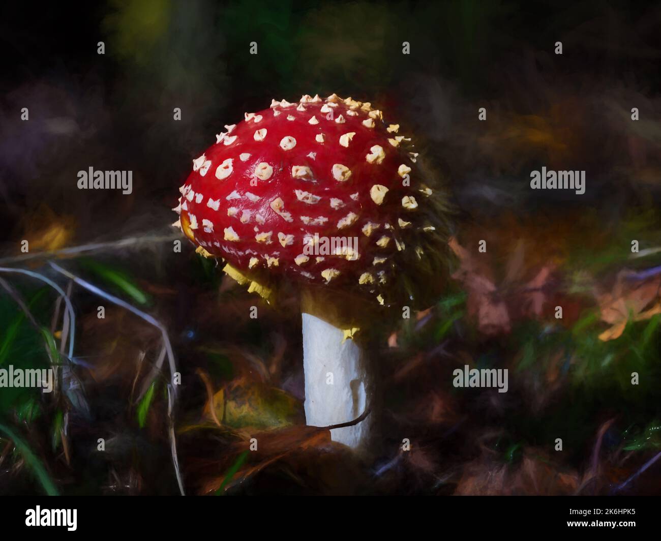 Digital abstract oil painting of Fly Agaric fungus in a autumn woodland ...