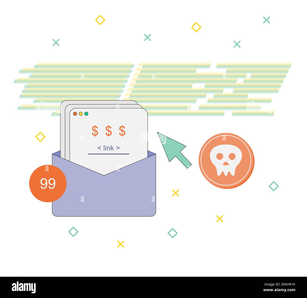 Spam messages. Email envelope with spam links. Notifications and coin ...
