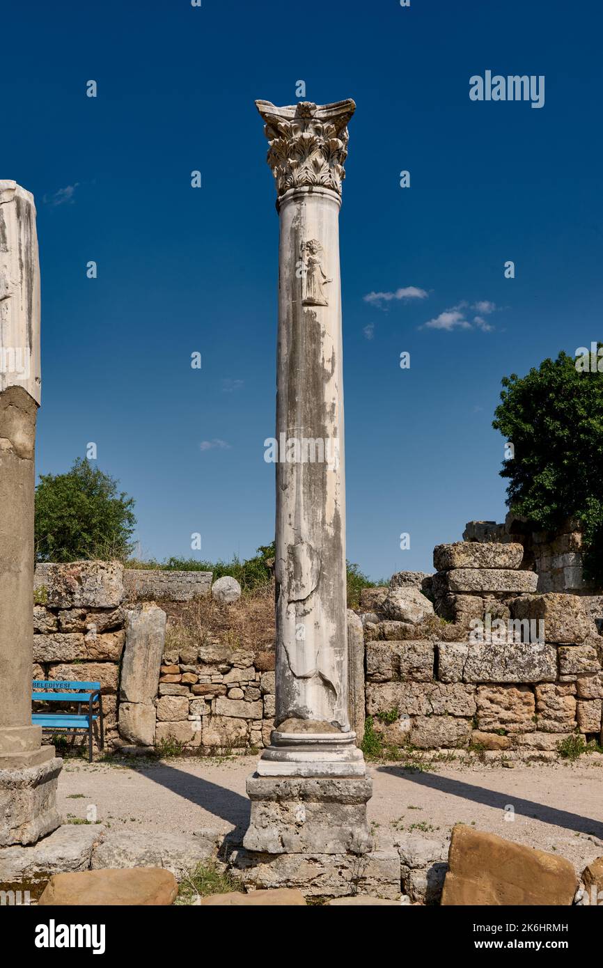 Bas-relief of Artemis in columns of collonnaded street ruins of the ...